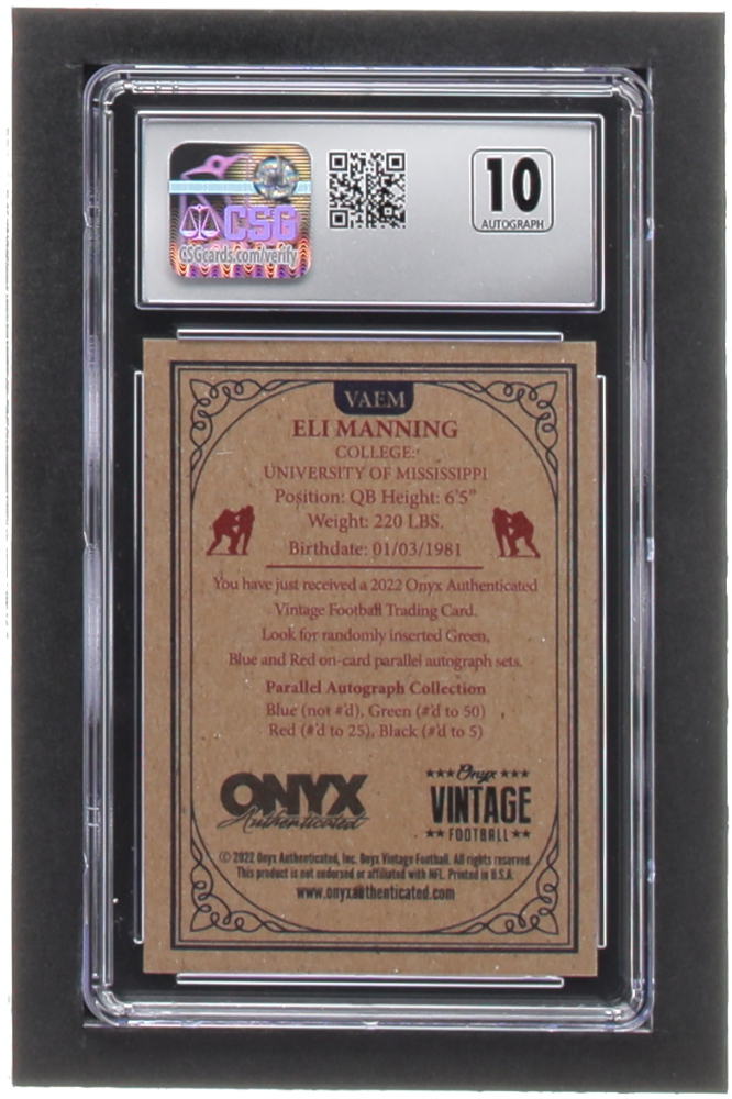 Eli Manning 2022 Onyx Vintage Autographs Red #VAEM (CSG 9 | Auto Grade ...