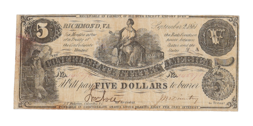1861 $5 Five Dollars Confederate States of America Bank Note Bond ...