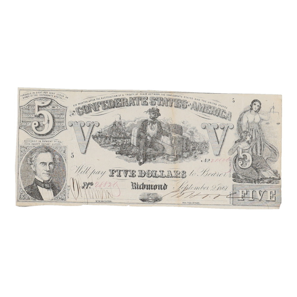 1861 $5 Five Dollars Confederate States of America Bank Note Bond ...
