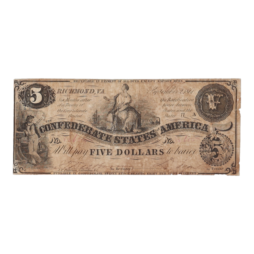 1861 $5 Five Dollars Confederate States of America Bank Note Bond ...