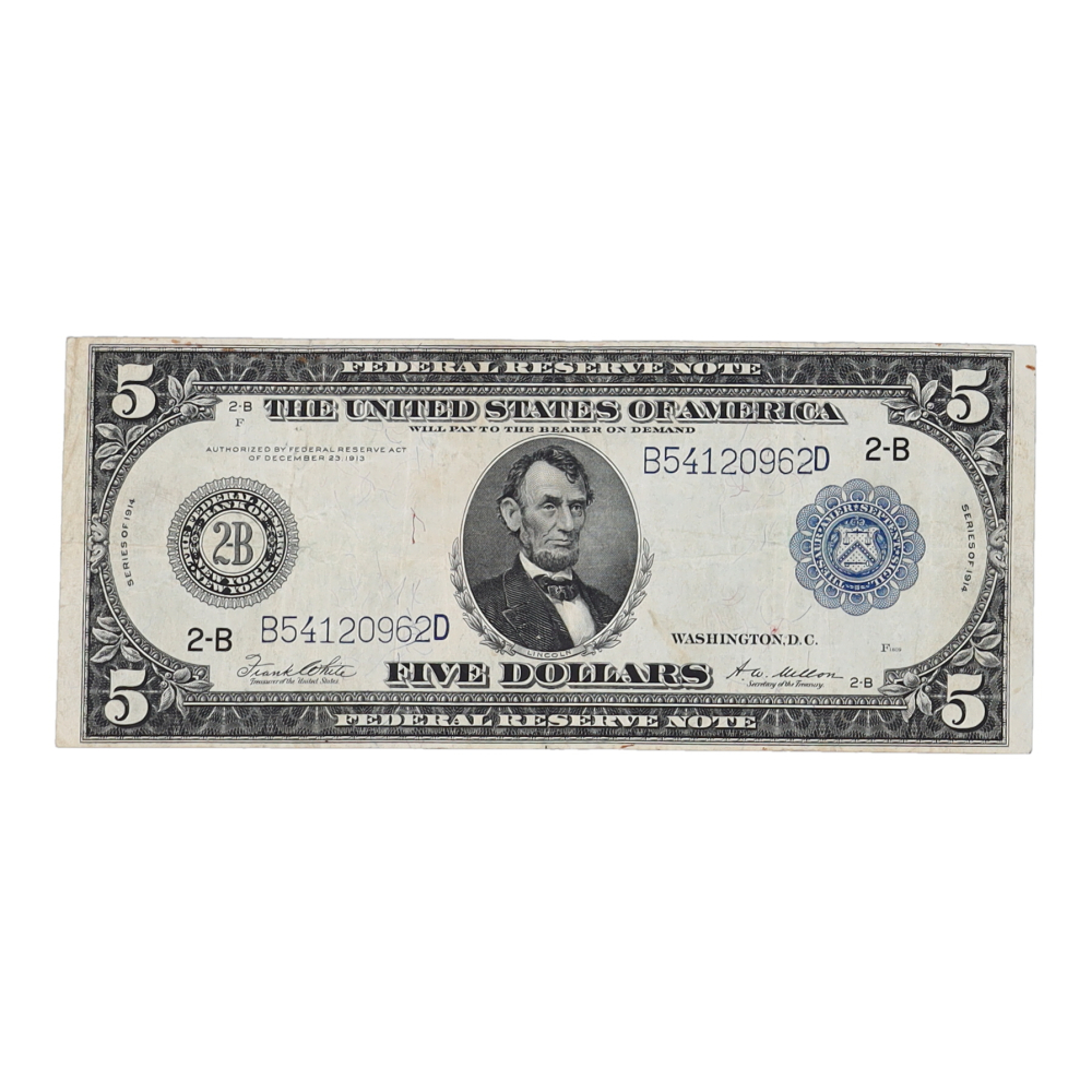 1914 $5 Five-Dollar Blue Seal U.S. Large-Size Federal Reserve Note ...