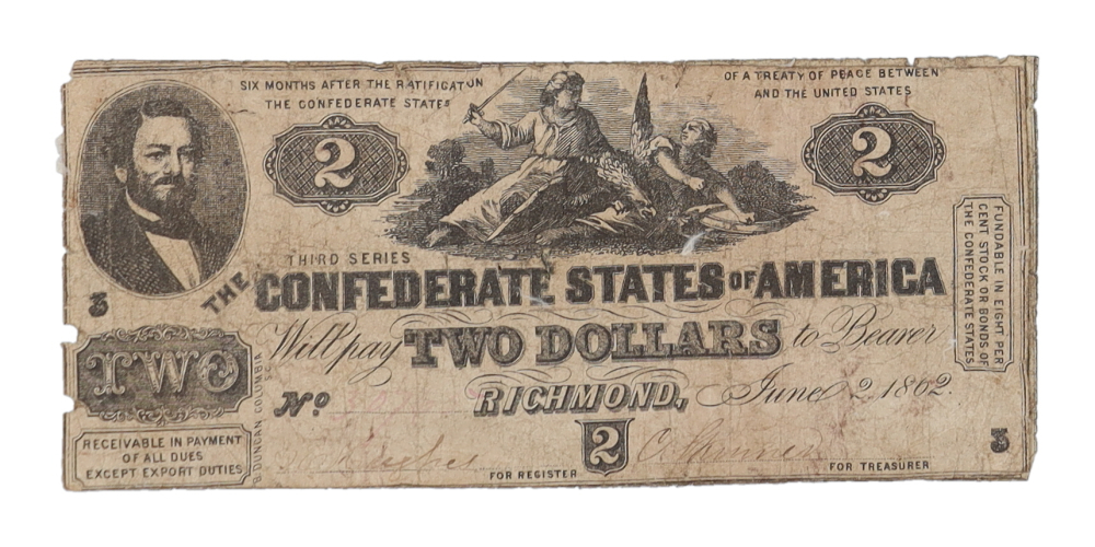 1862 $2 Two Dollar Confederate States of America Bank Note Bond ...