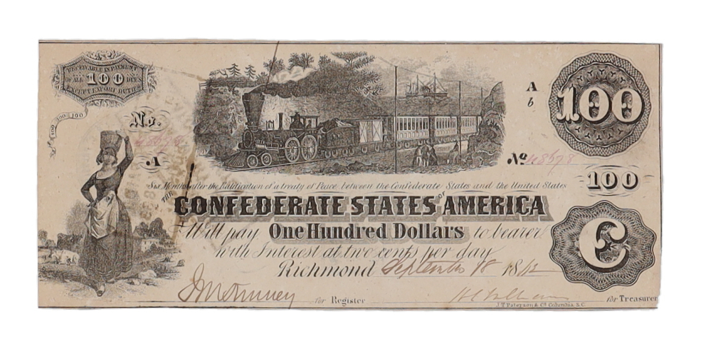 1862 $100 One-Hundred Dollars Confederate States of America Bank Note ...