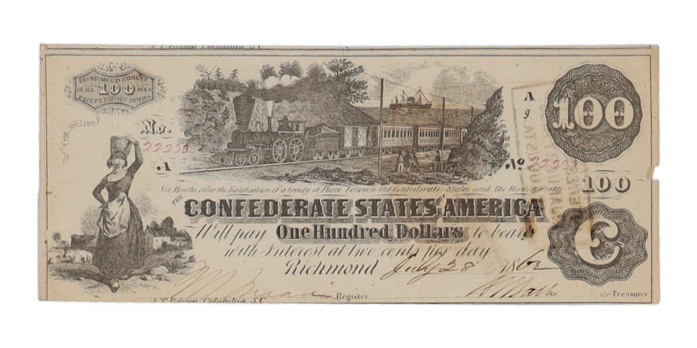 1863 $100 One-Hundred Dollars Confederate States of America Bank Note ...