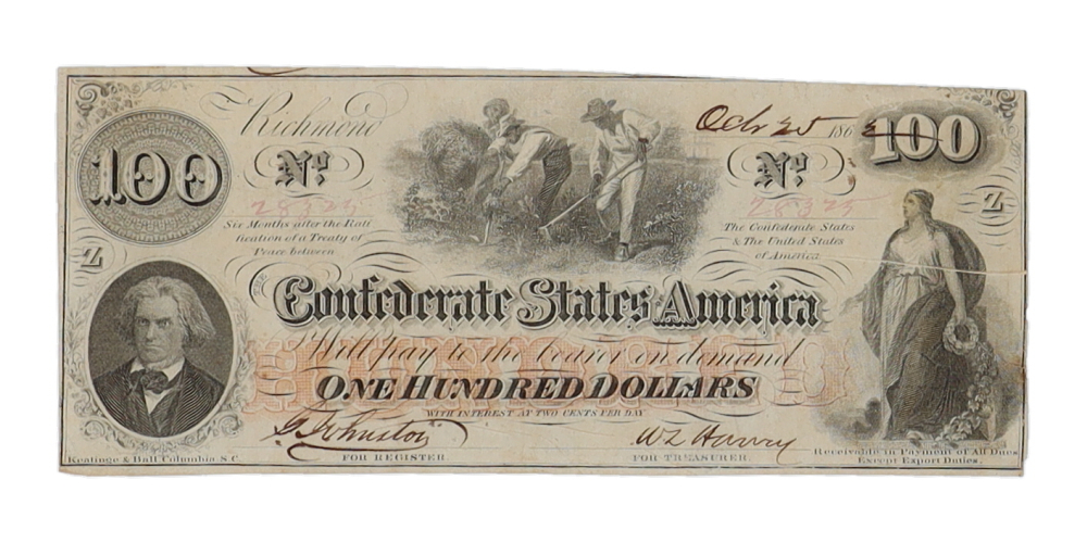 1862 $100 One-Hundred Dollars Confederate States of America Bank Note ...