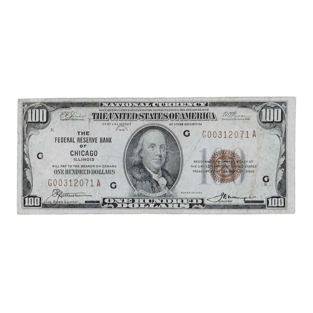 1929 $100 Brown Seal U.S. National Currency Bank Note - Federal Reserve Bank of Chicago ...