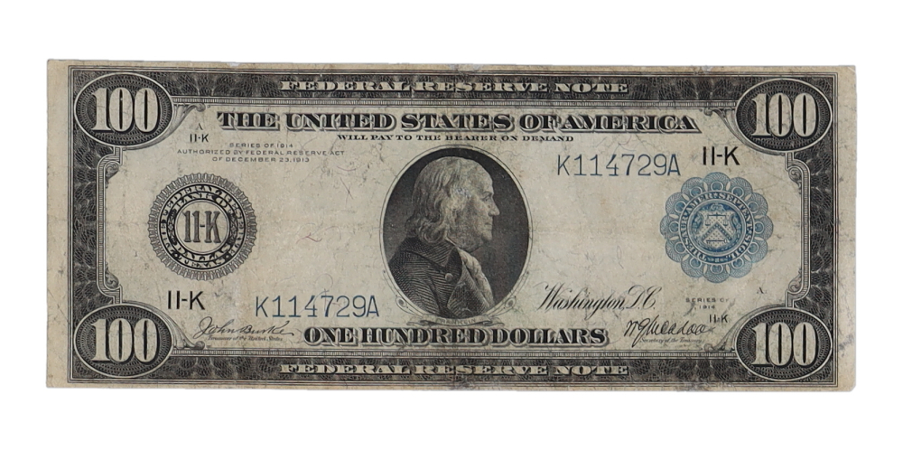 1914 $100 One-Hundred Dollars Blue Seal U.S. Large-Size Federal Reserve Note | Pristine Auction