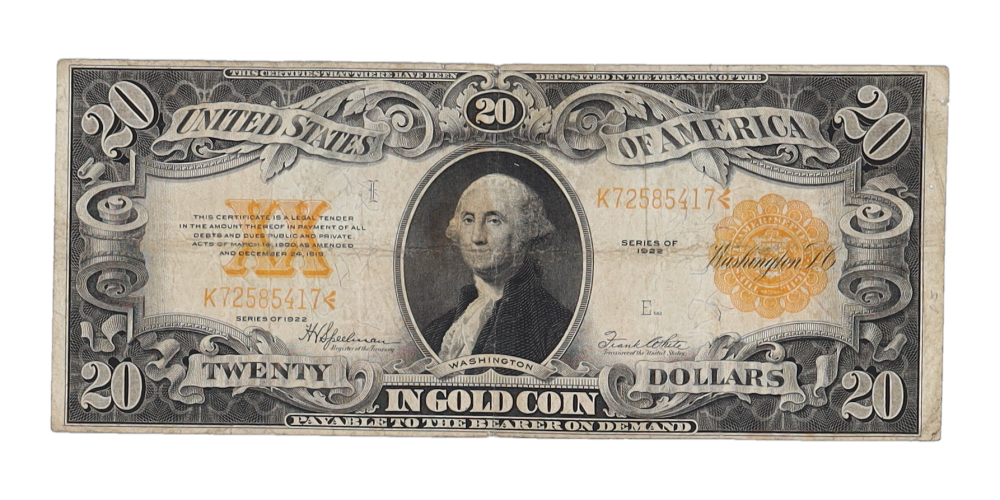 1922 $20 Twenty-Dollar U.S. Gold Certificate Bank Note | Pristine Auction
