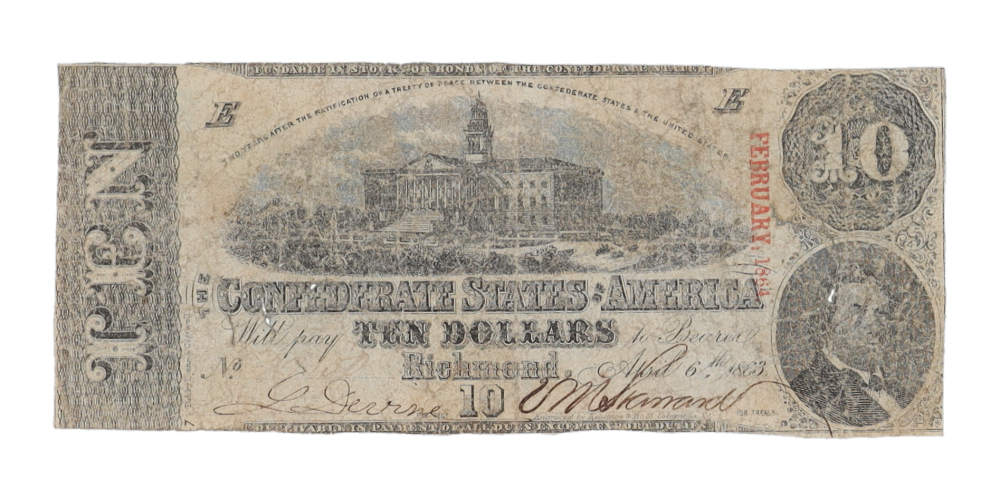 1864 $10 Ten Dollars Confederate States of America Bank Note Bond ...