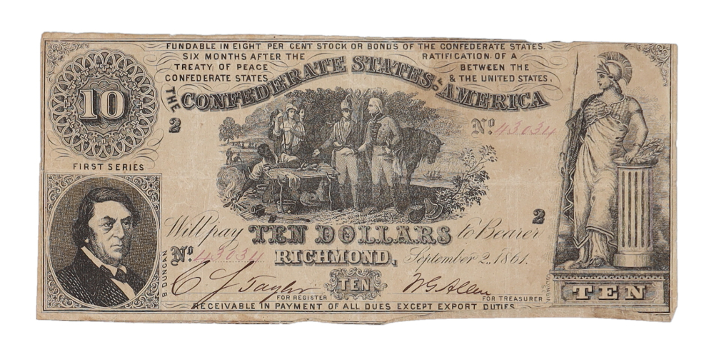 1861 $10 Ten Dollars Confederate States of America Bank Note Bond ...