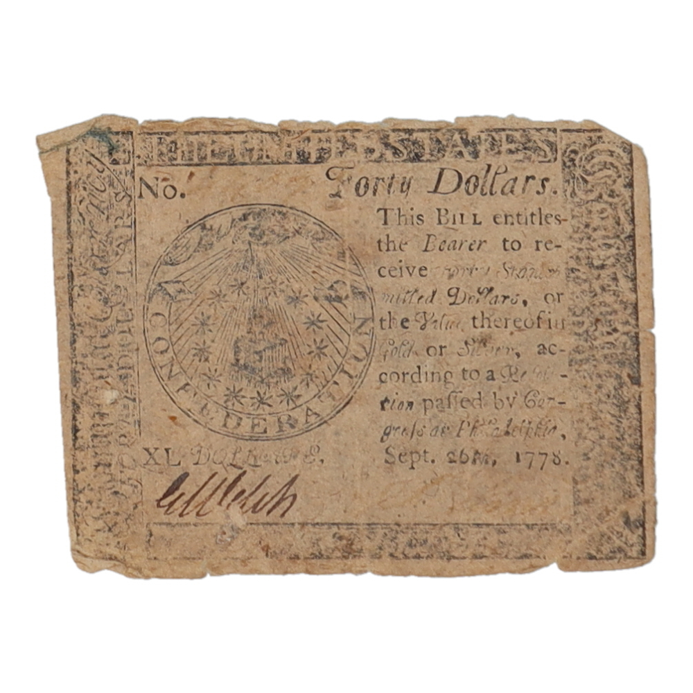 1778 $40 Forty Dollars Philadelphia, Pennsylvania Colonial Currency ...