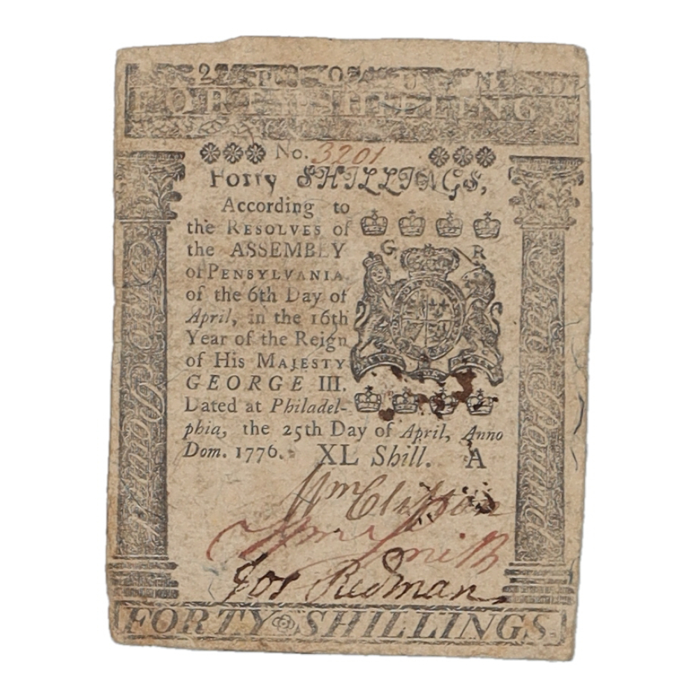 1776 Forty (40) Shillings Philadelphia, Pennsylvania Colonial Currency ...