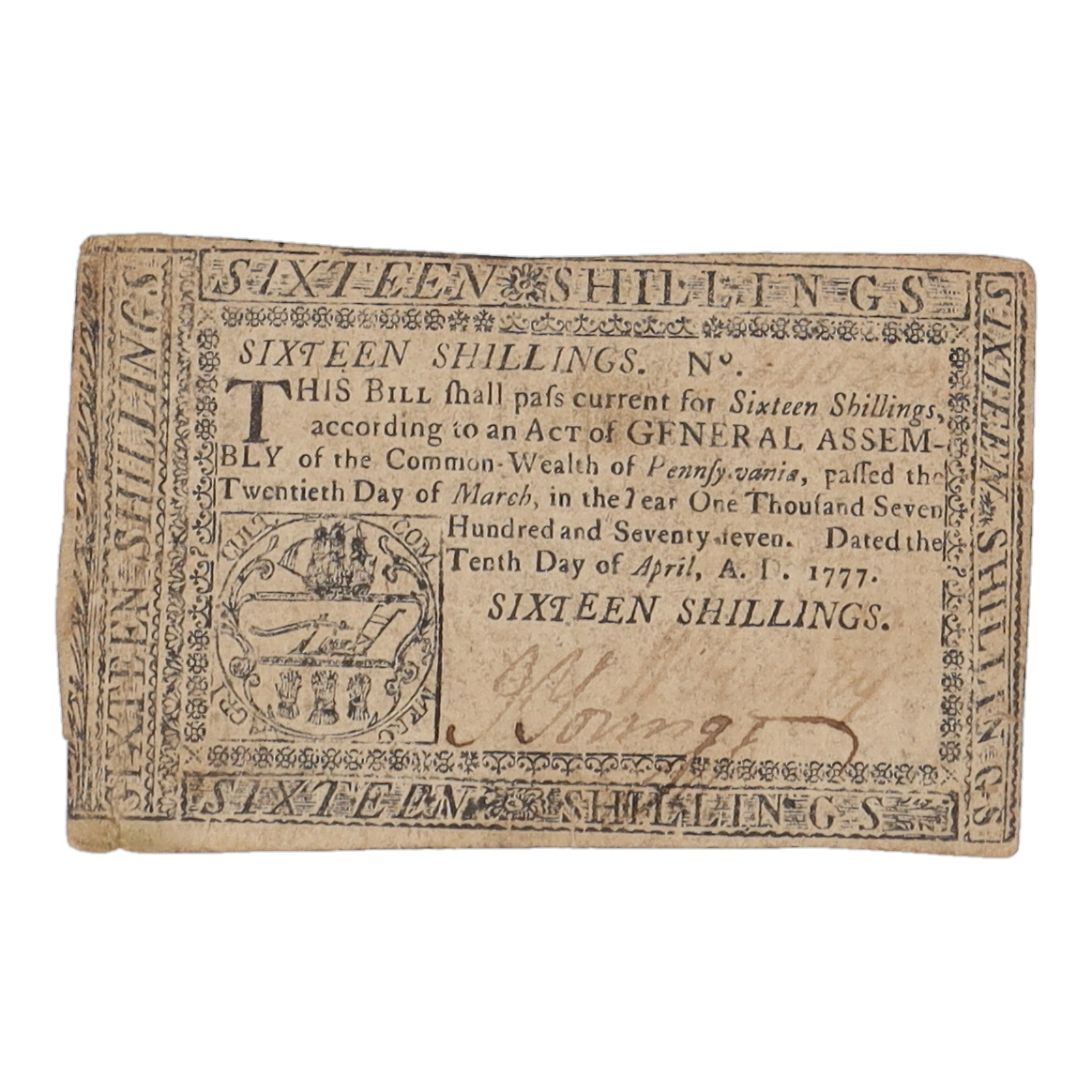 1777 Sixteen (16) Shillings Philadelphia, Pennsylvania Colonial ...