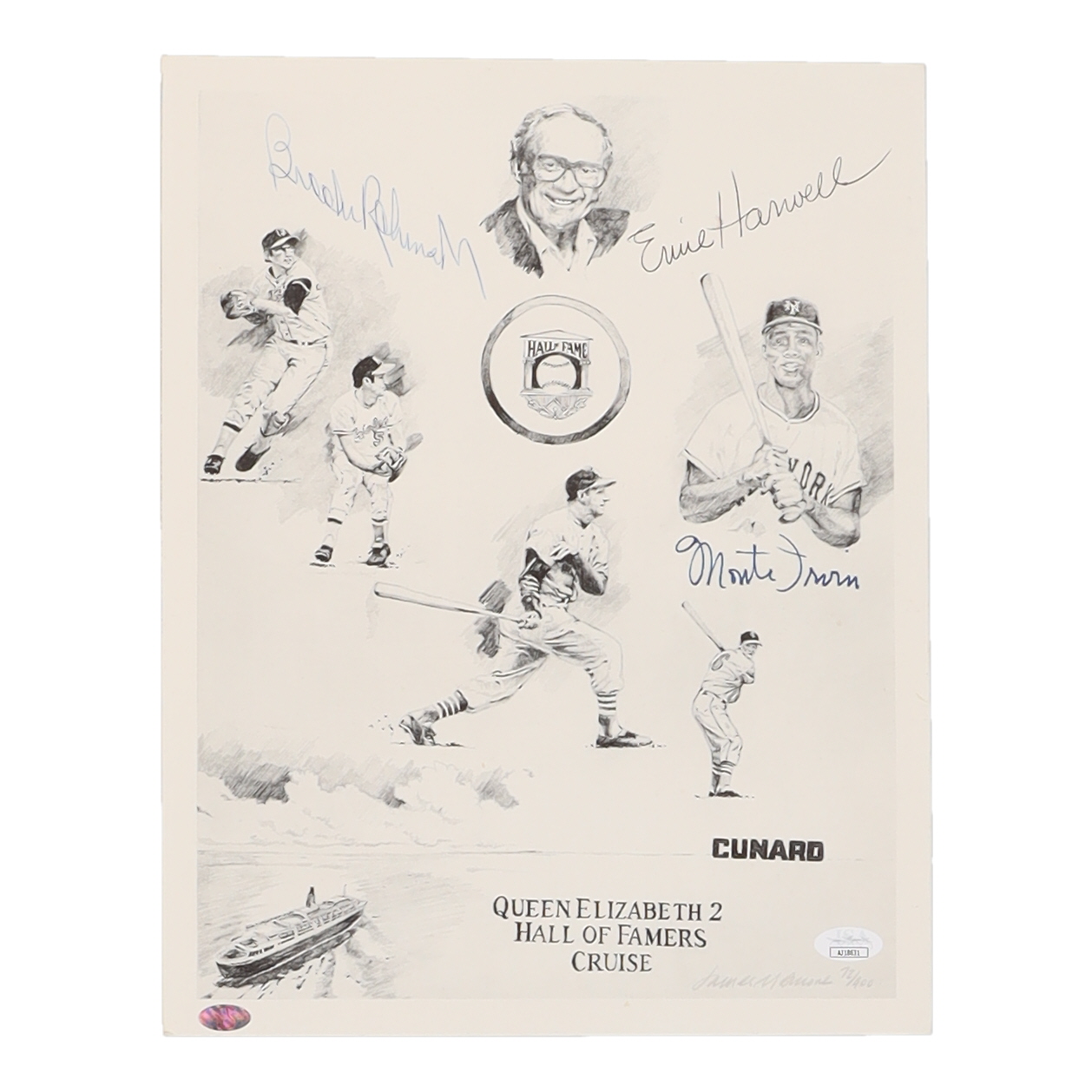 Ernie Harwell, Monte Irvin & Brooks Robinson Signed "Queen Elizabeth 2 ...