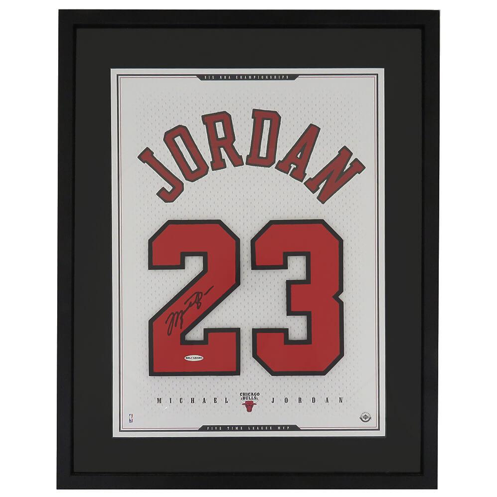 Michael Jordan Signed Custom Framed Bulls White Jersey Numbers Display ...