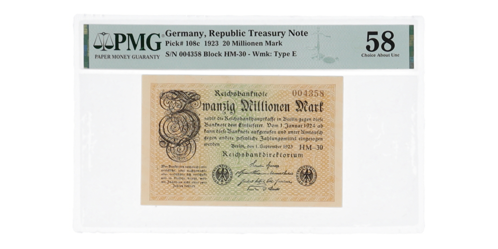 1923 Germany Republic Treasury Note - $20 Twenty Millionen Mark ...