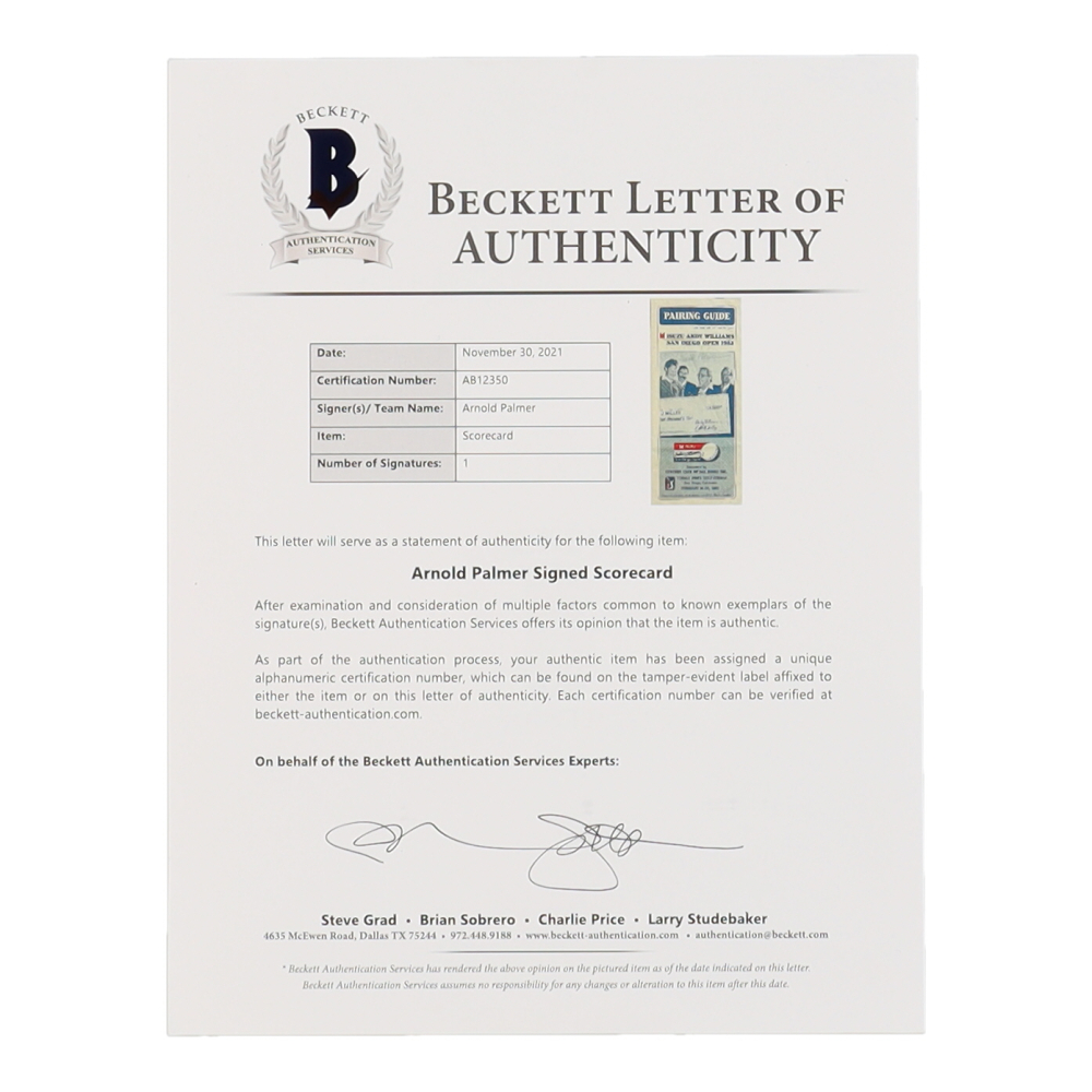 Arnold Palmer Signed Golf Scorecard (Beckett) | Pristine Auction