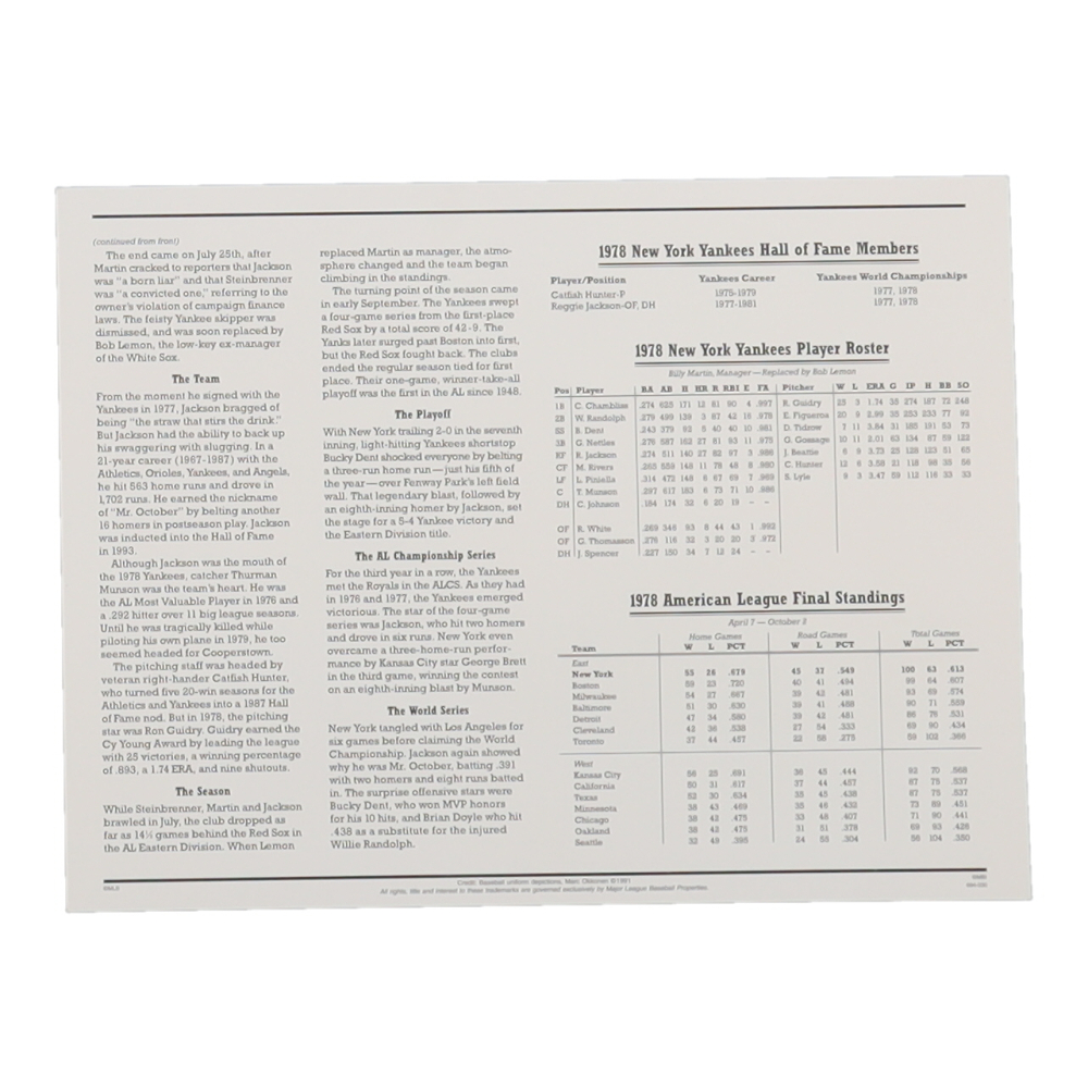 1978 Yankees Cooperstown Collections Statistics Commemorative 9x12 Stat ...