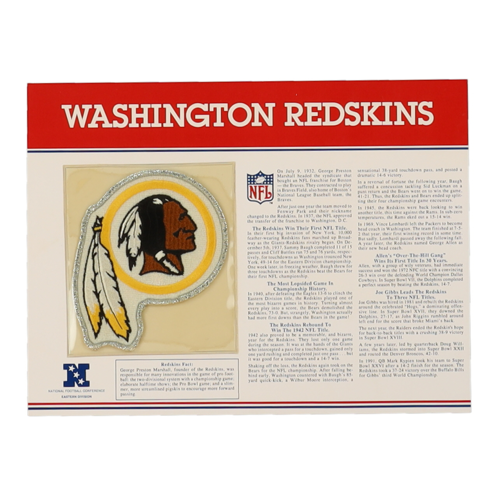 Vintage Redskins 9x12 Stat Card With Cloth Uniform Patch | Pristine Auction