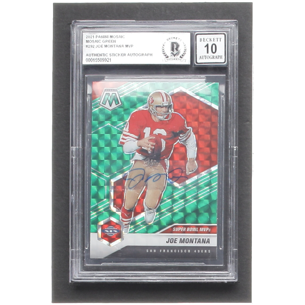 Joe Montana Signed Sticker on 2021 Panini Mosaic Mosaic Green #292 MVP ...