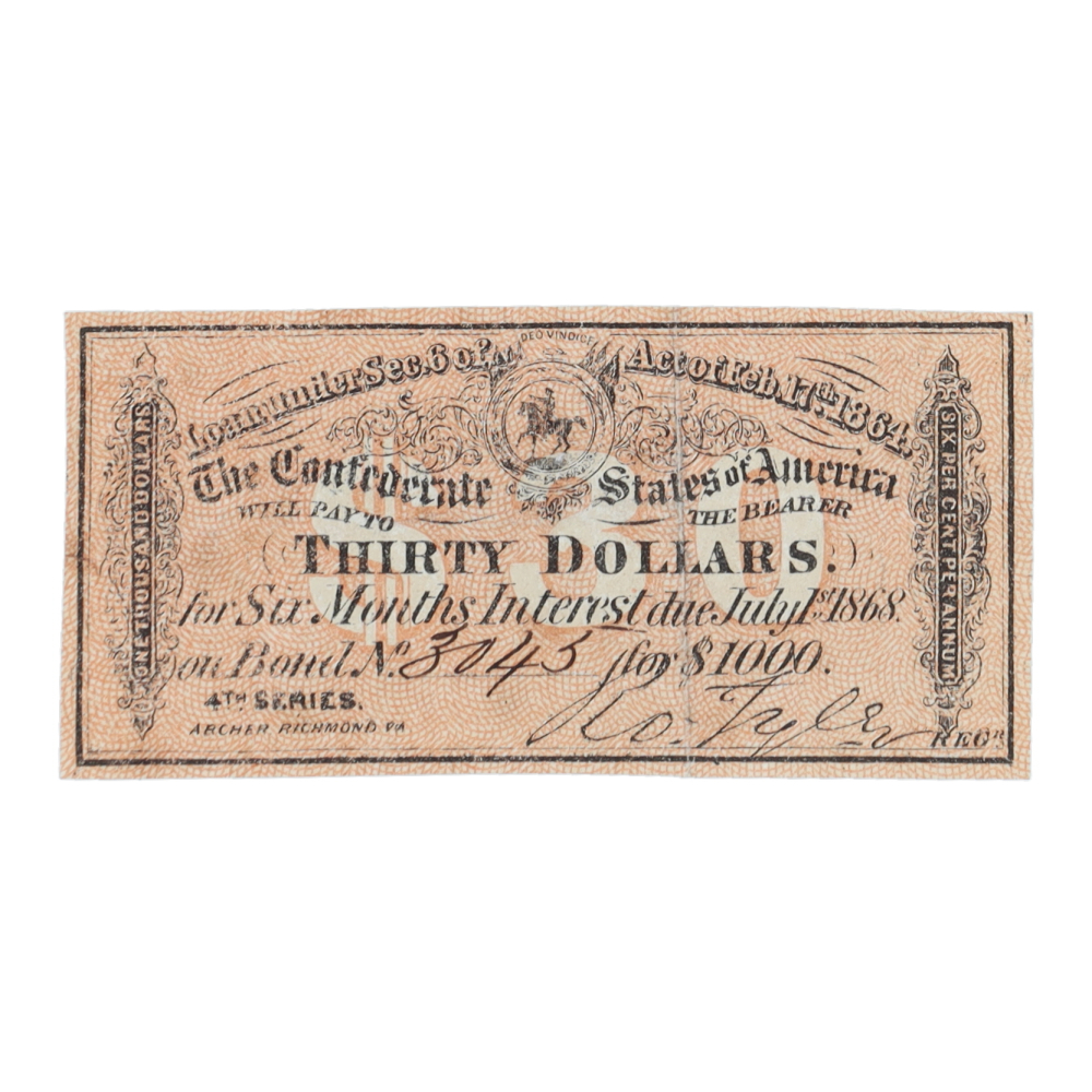 1864 $30 Thirty Dollars Confederate States of America Richmond CSA Bank ...