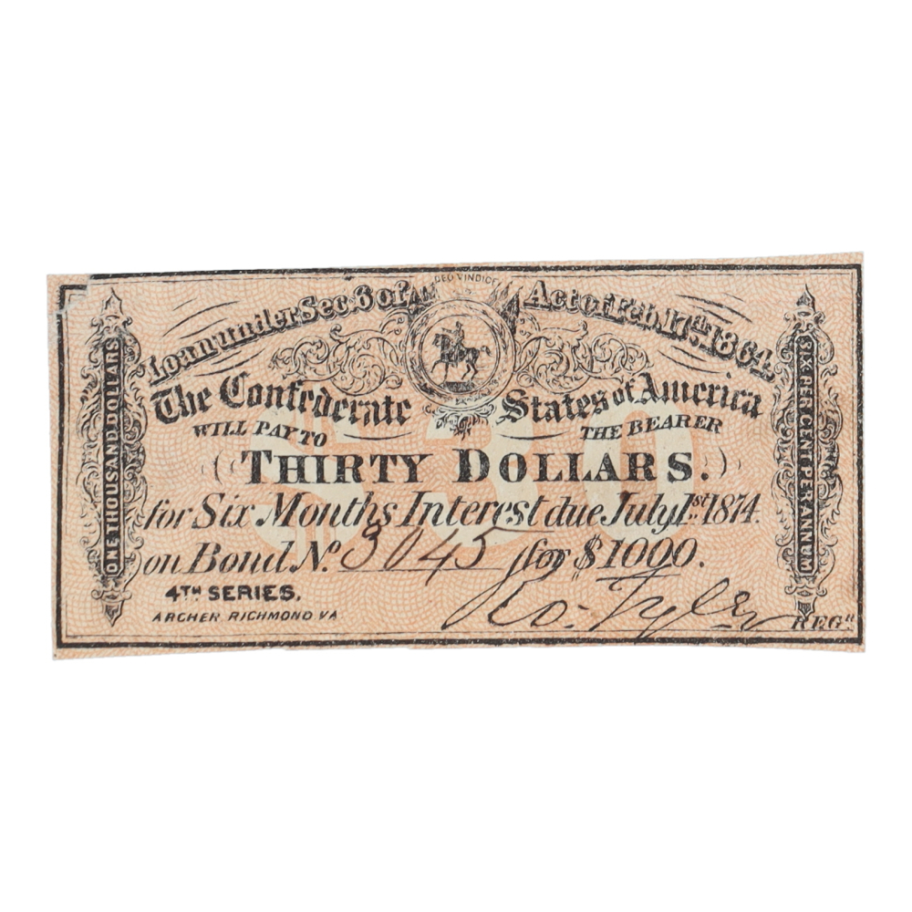 1864 $30 Thirty Dollars Confederate States of America Richmond CSA Bank ...