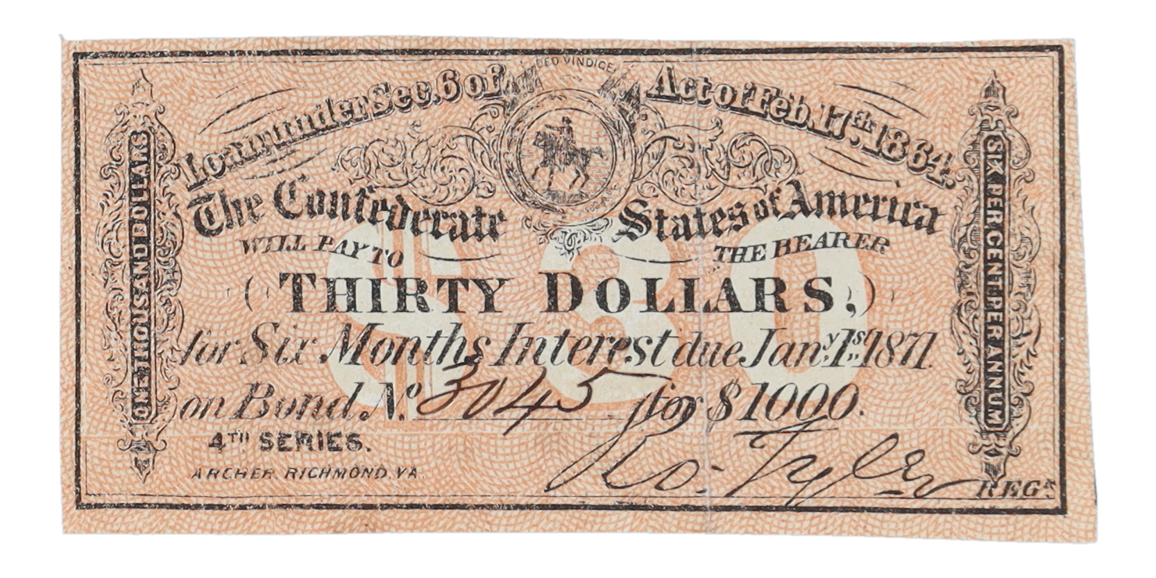 1864 $30 Thirty Dollars Confederate States of America Richmond CSA Bank ...