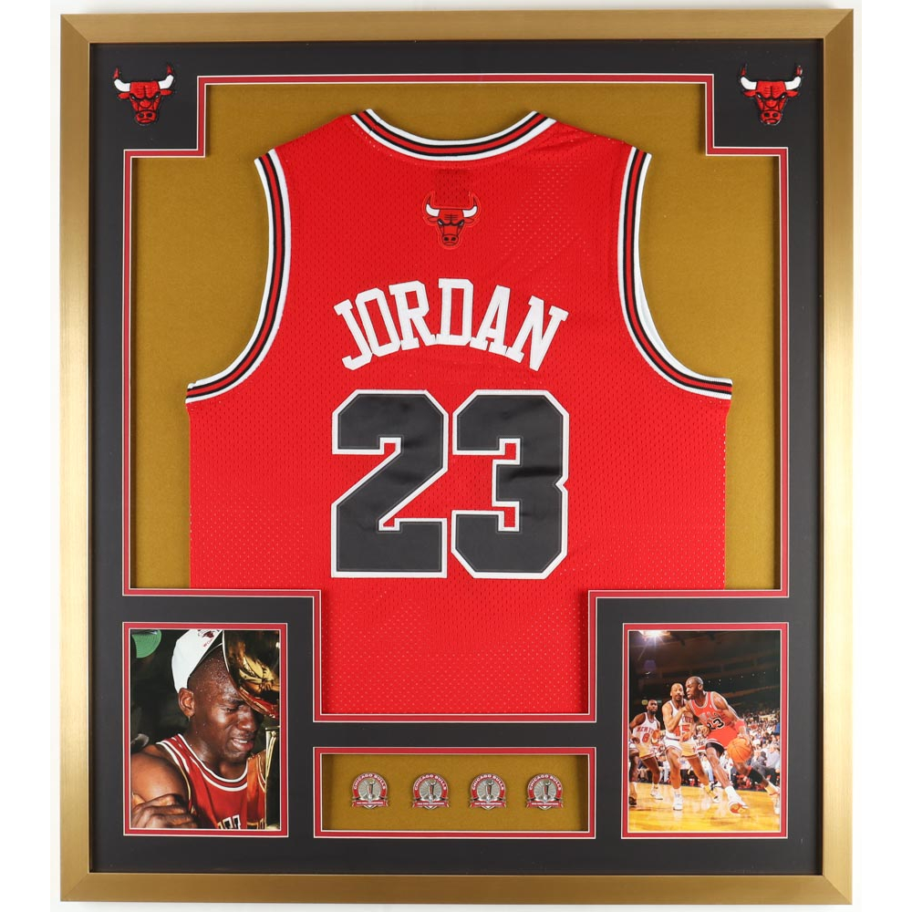 Michael Jordan Custom Framed Jersey Display With (4) Bulls Championship ...