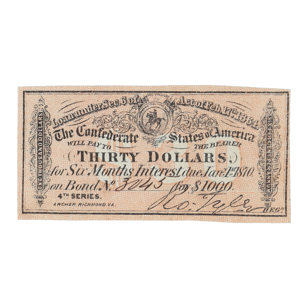 1864 $30 Thirty Dollars Confederate States of America Richmond CSA Bank ...