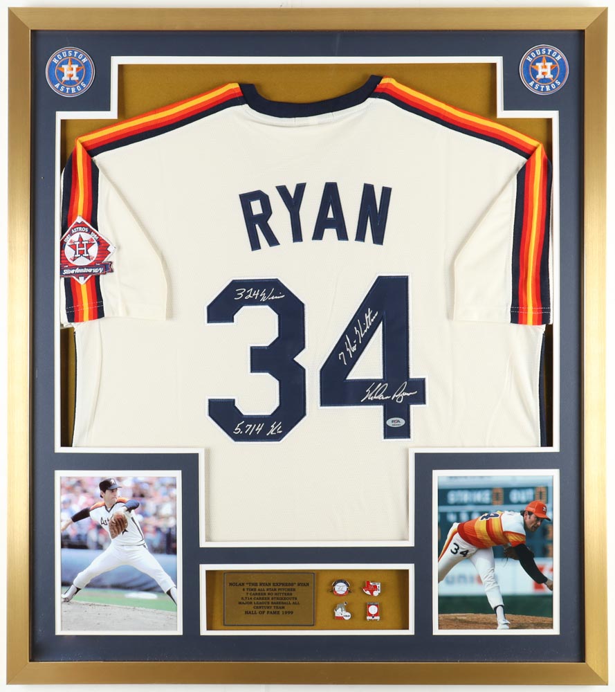 Nolan Ryan Signed Custom Framed Jersey Display With (4) Stat Pins ...