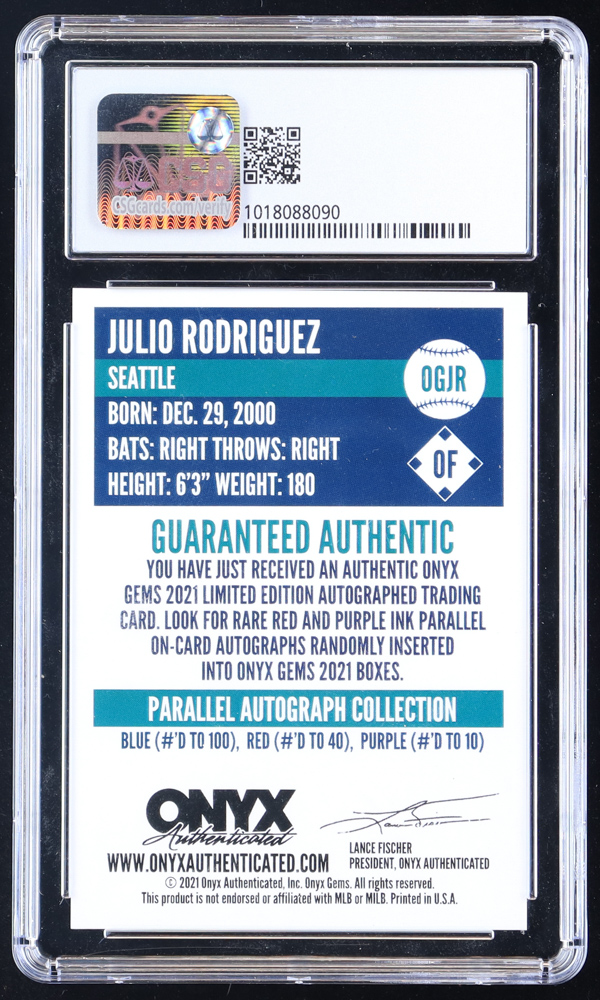 Julio Rodriguez 2021 Onyx Gems Uncirculated Autograph Series Sapphire # ...