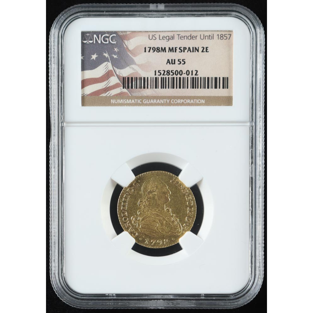 1798-M MF Spain 2 Escudo Colonial Gold Coin - U.S. Flag Label (NGC AU55 ...