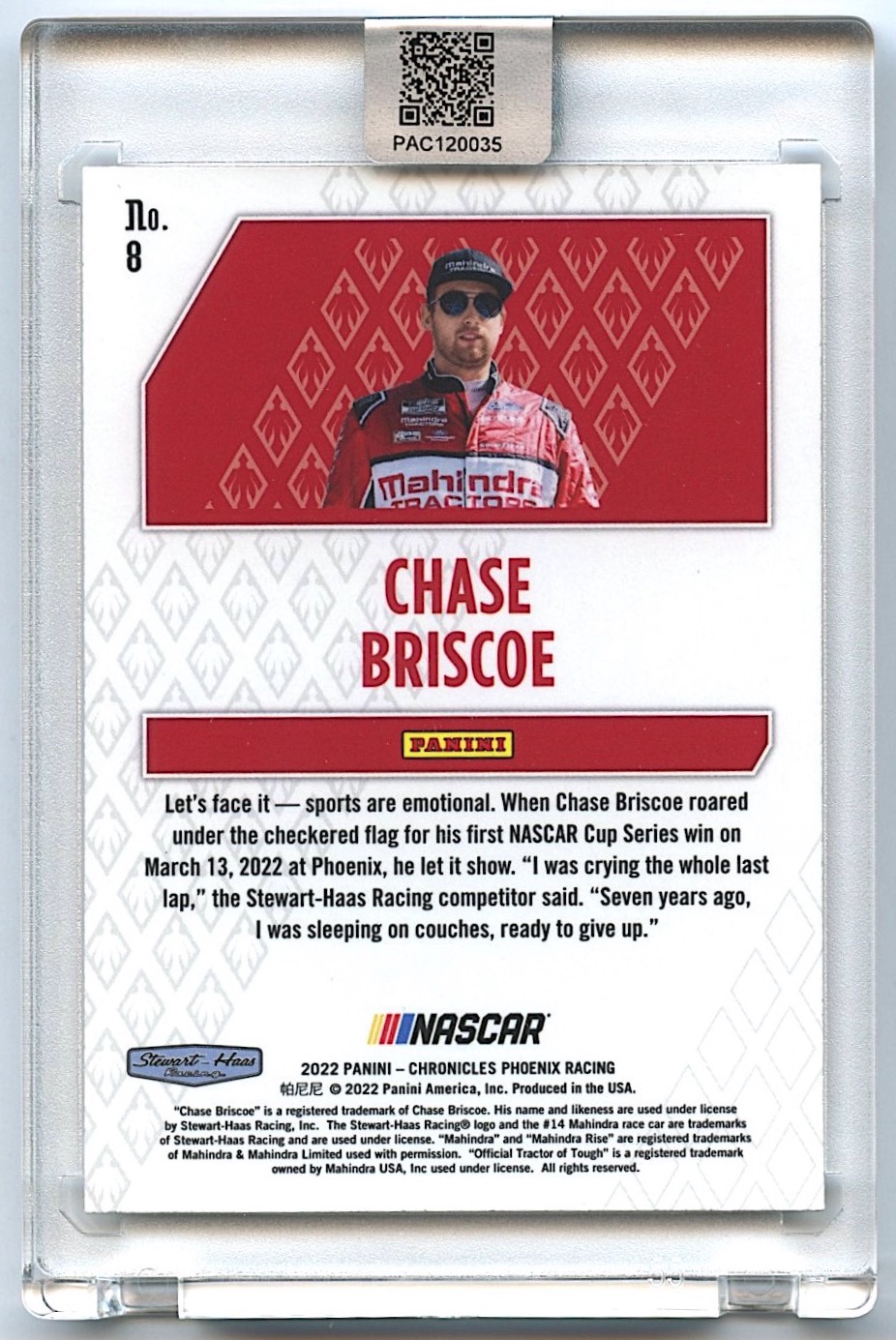Chase Briscoe Signed 2022 Panini Chronicles Phoenix #8 (PA Encapsulated ...