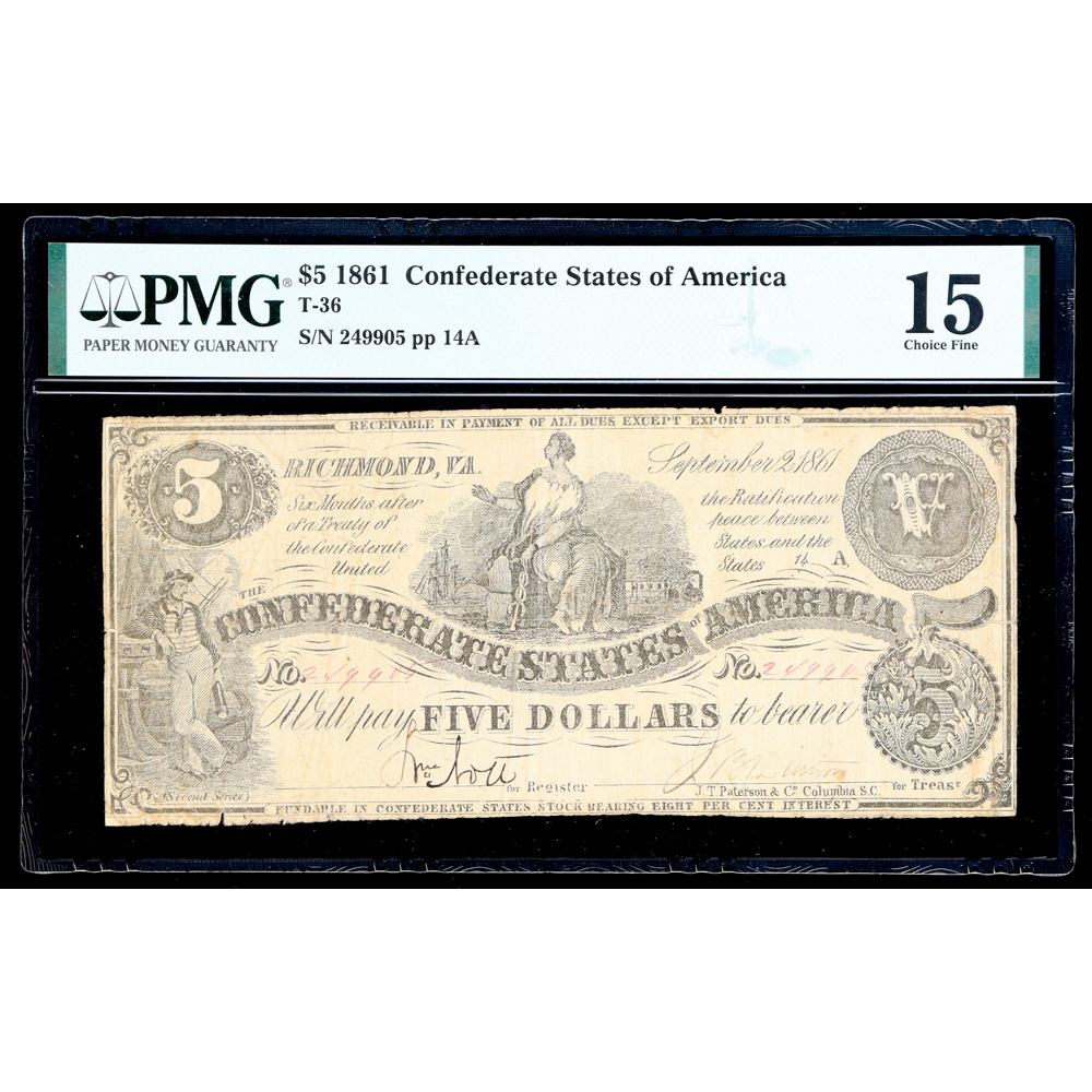 1861 $5 Five Dollars Confederate States of America T-36 Bank Note Bond ...