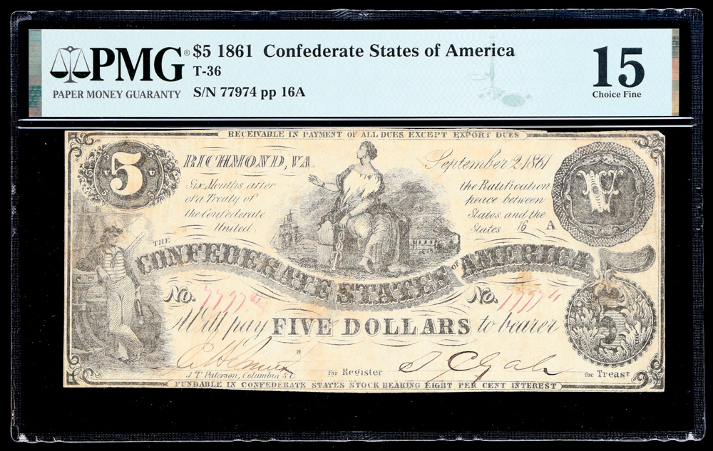 1861 $5 Five Dollars Confederate States of America T-36 Bank Note Bond ...