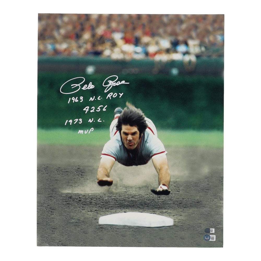 Pete Rose Signed Reds 16x20 Photo Inscribed "4256," "1963 N.L. ROY ...