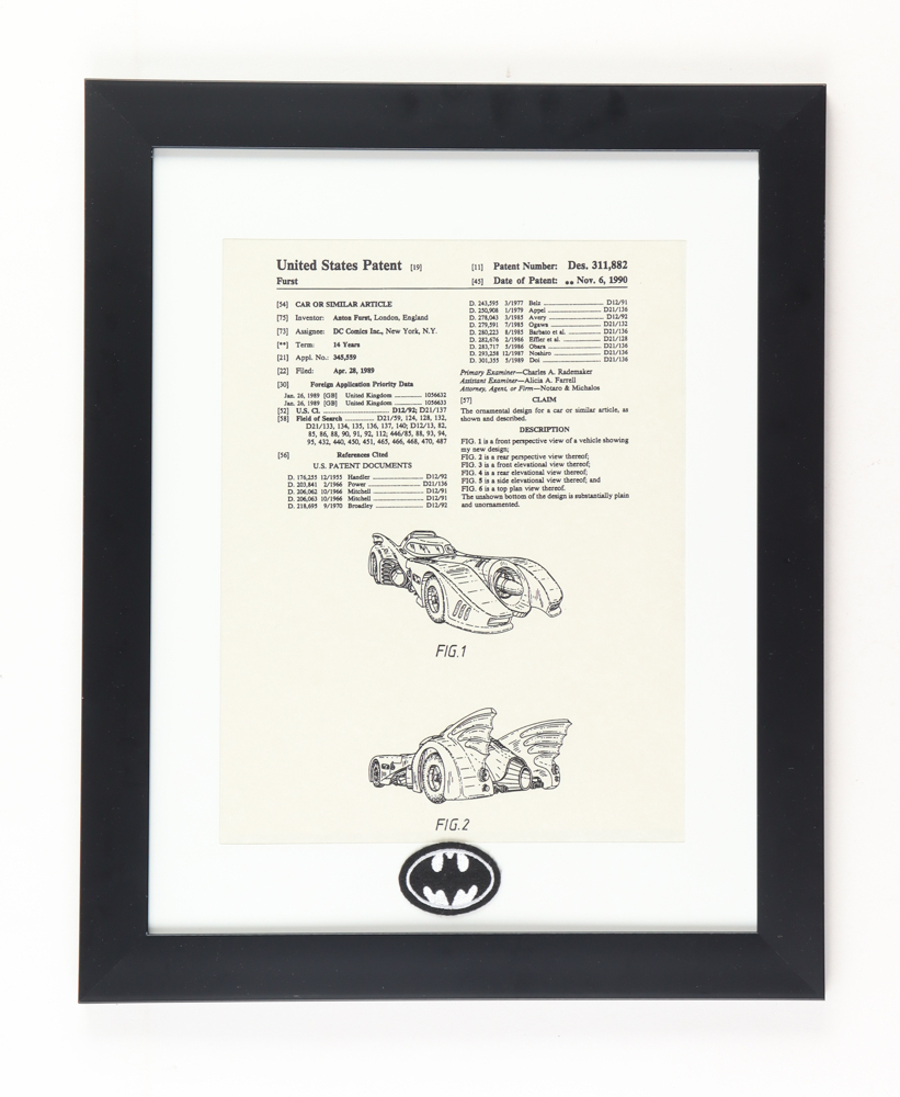 1990 "Batman" Batmobile Custom Framed U.S. Patent Blueprint with Batman ...