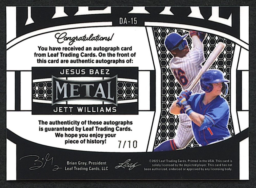 Jesus Baez / Jett Williams 2022 Leaf Metal Dual Autograph #DA-15 Silver ...