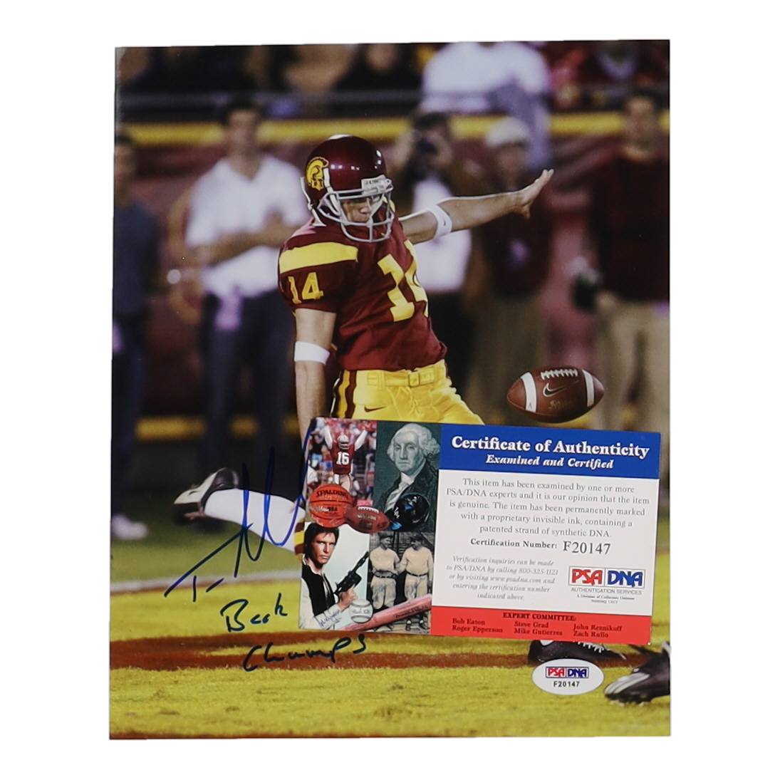 Tom Malone Signed USC Trojans 8x10 Photo Inscribed "Back to Back Champs ...
