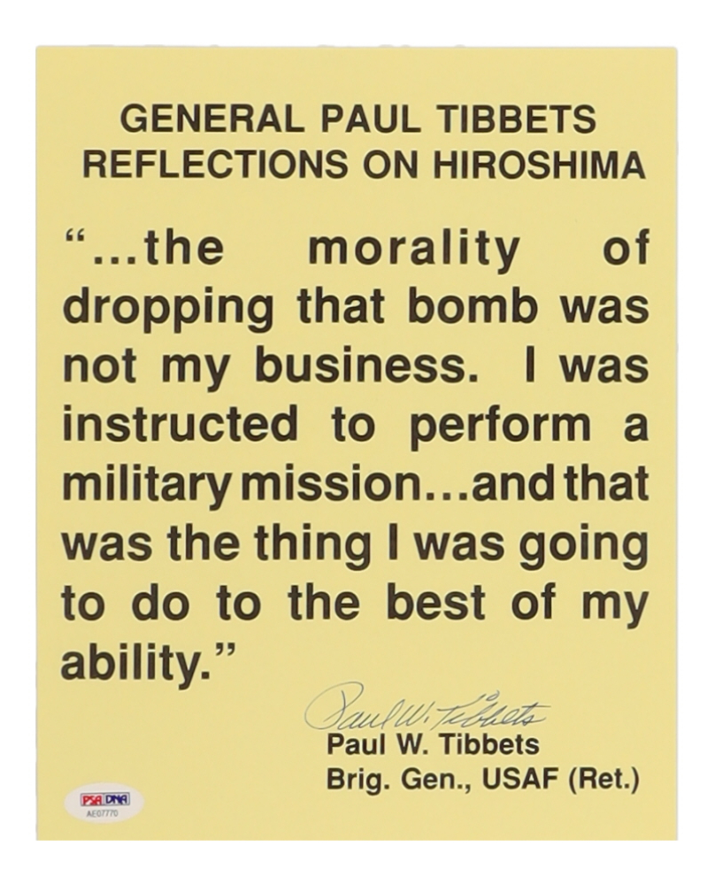 Paul Tibbets Signed 8x10 Quote Sheet (PSA) | Pristine Auction