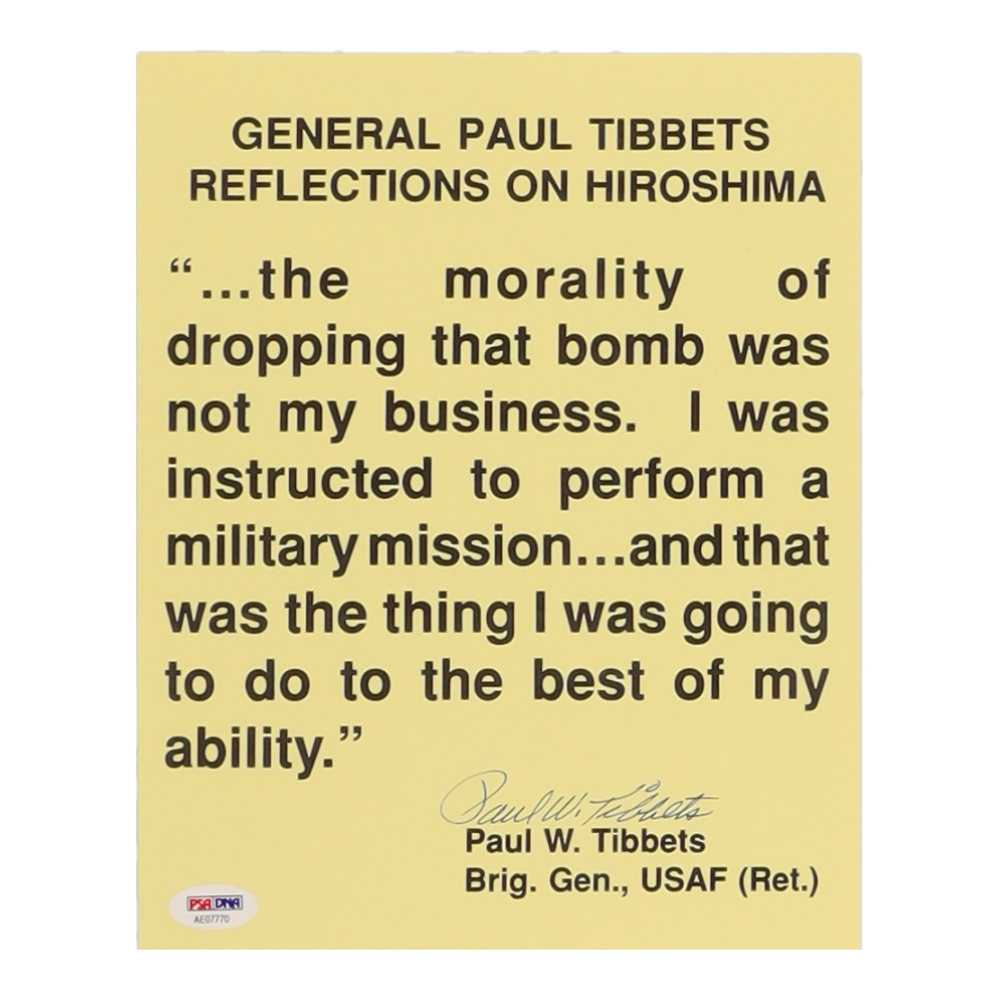 Paul Tibbets Signed 8x10 Quote Sheet (PSA) | Pristine Auction