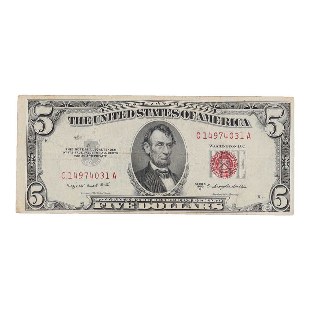 1953-B $5 Five Dollar Red Seal U.S. National Currency Bank Note ...