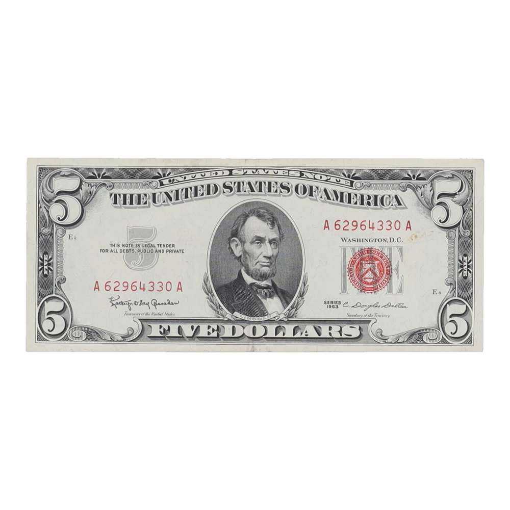 1963 $5 Five Dollar Red Seal U.S. National Currency Bank Note ...