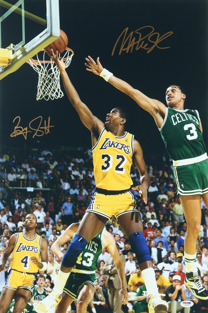 Magic Johnson & Byron Scott Signed Lakers 16x24 Photo (PSA) | Pristine ...