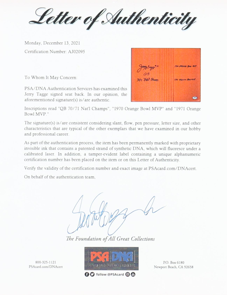 Jerry Tagge Signed Orange Bowl Stadium Seat Back Inscribed "70/71 Nat'l ...