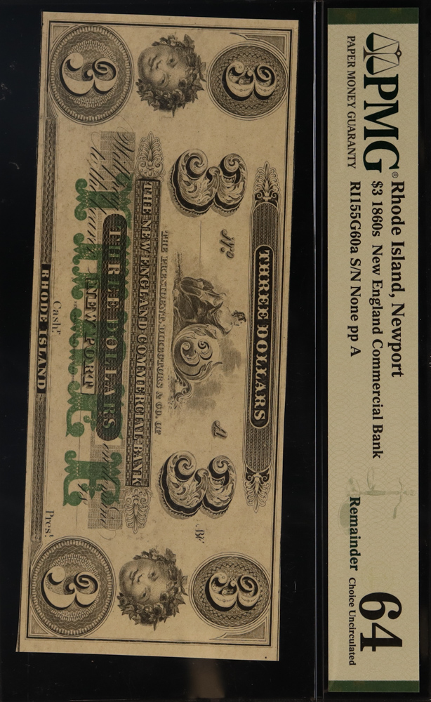 1860s Rhode Island, Newport - New England Commercial Bank $3 Three ...