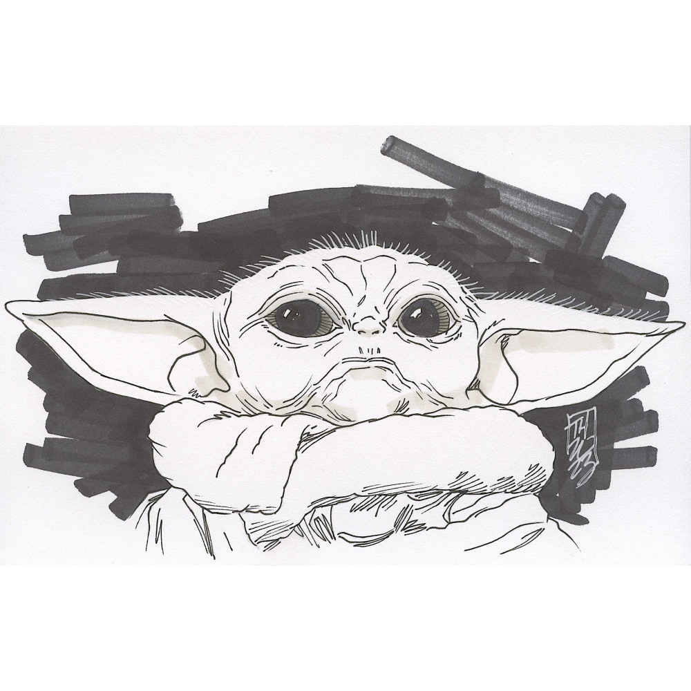 Grogu - Baby Yoda | Star Wars - Signed ORIGINAL Drawing by Tom Hodges ...