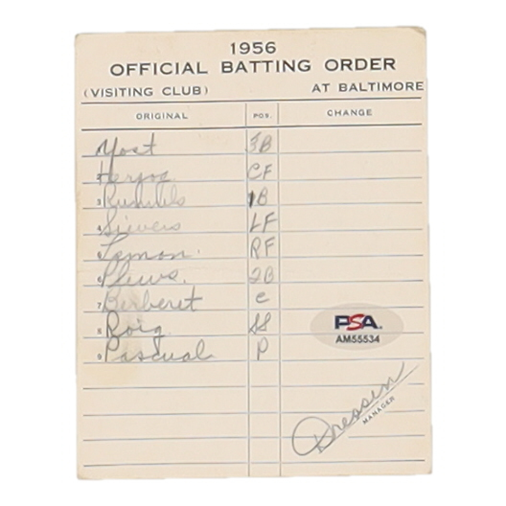 Chuck Dressen Signed 1956 Senators Original Batting Order Card at ...