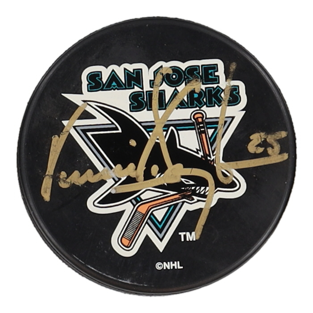 Vincent Damphousse Signed Sharks Logo Hockey Puck (JSA) | Pristine Auction