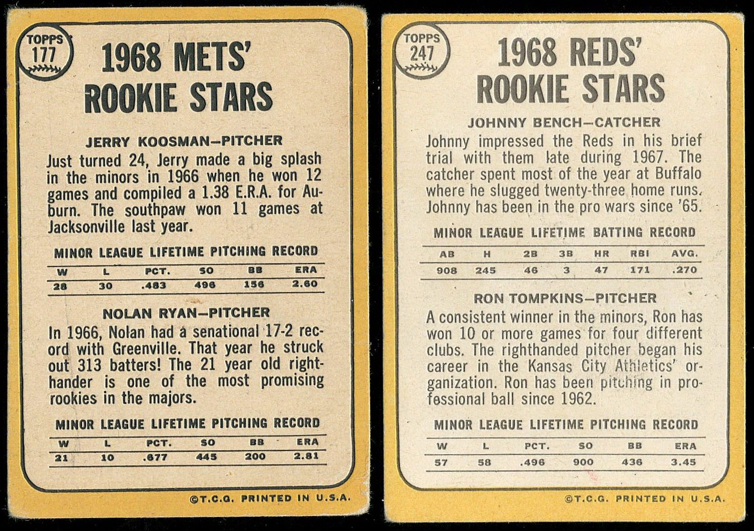 Lot of (2) Baseball Cards with Johnny Bench RC/Ron Tompkins 1968 Topps ...